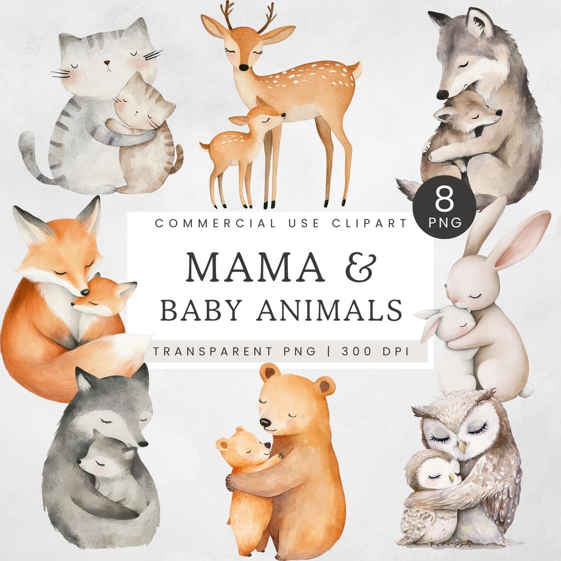 Mom and Baby Animal Clipart, Cute Mothers Day Clip Art, Watercolor ...