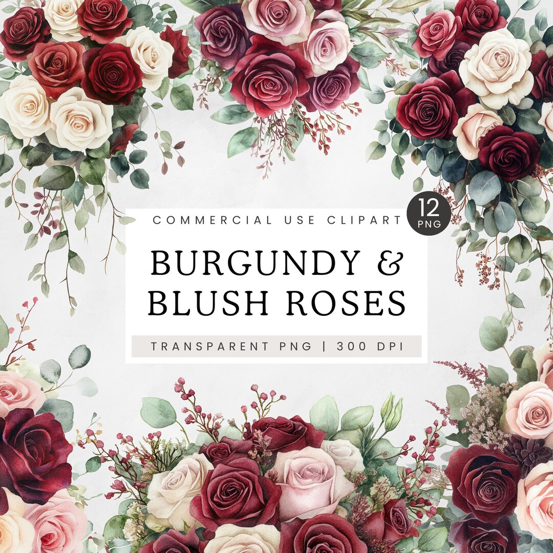 Burgundy and Blush Floral Clipart, Watercolor Flowers Collection Clip ...