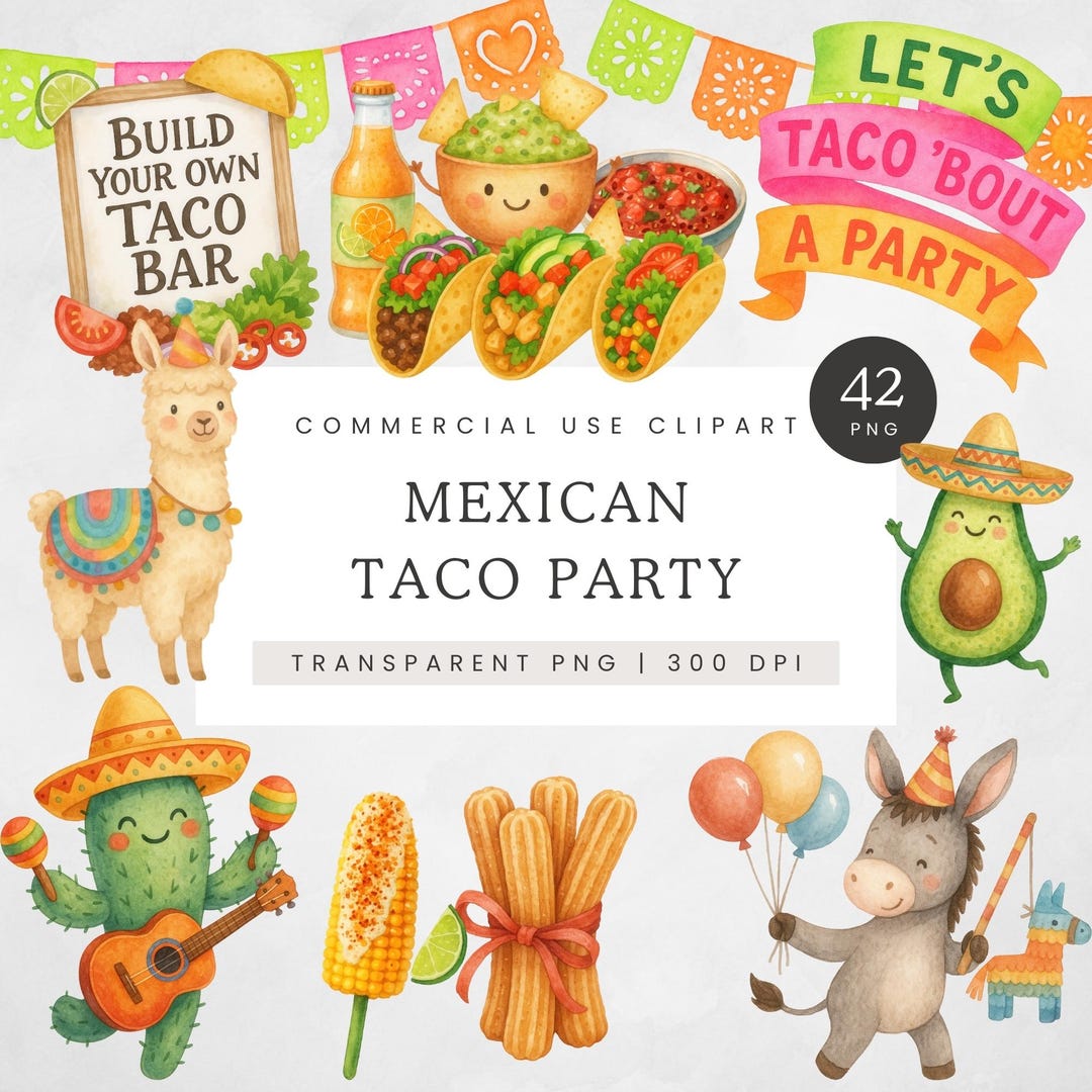 Taco Party Clipart, Cute Mexican Clip Art, Watercolor Mexican Fiesta ...