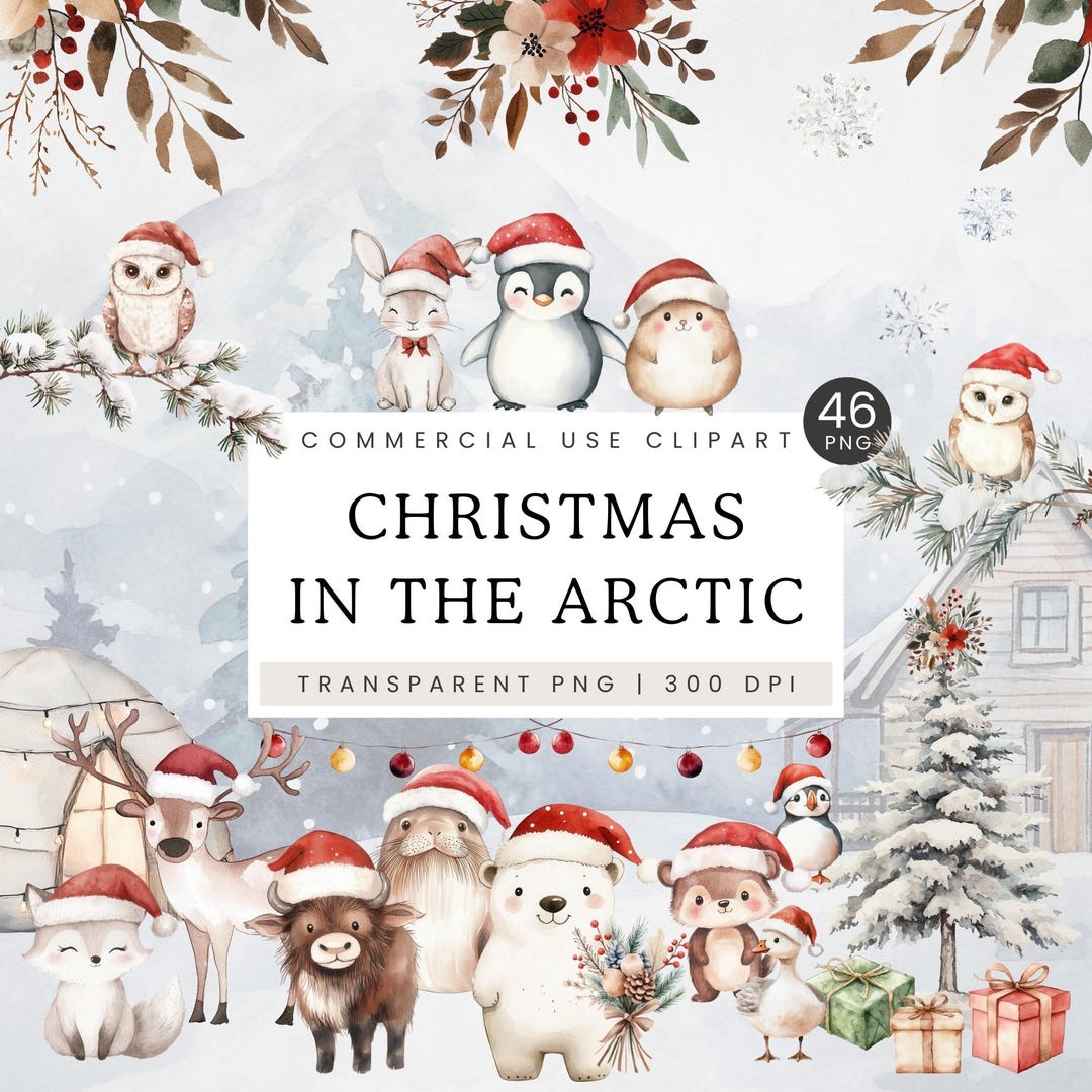 Arctic Animals Watercolor Clipart, Christmas Polar Bears PNG, Penguin ...