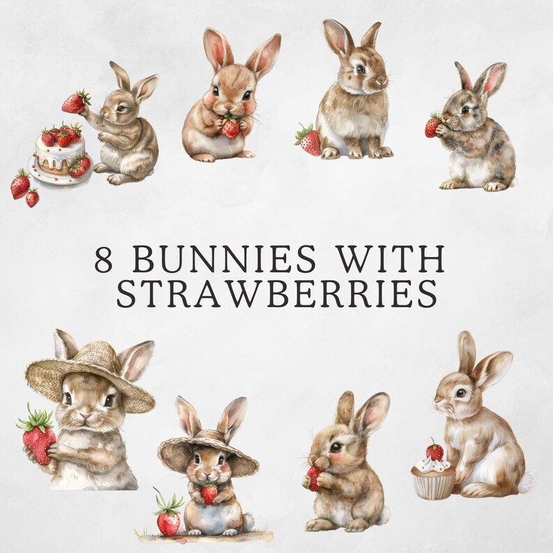 Bunny With Strawberry Clipart, Rabbit Summer Picnic PNG, Bunny Nursery ...