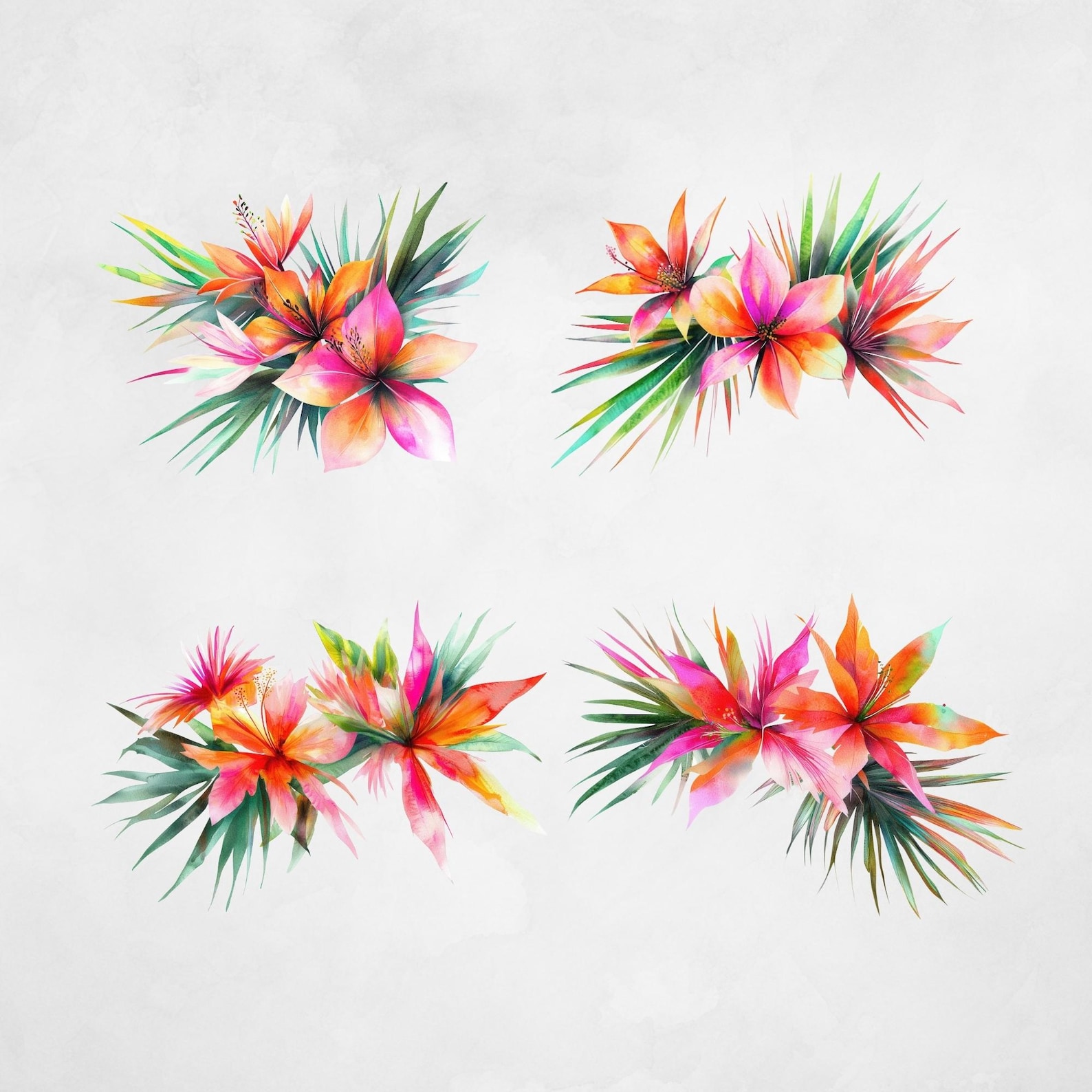 Bright Floral Clipart, Neon Tropical Flower Clip Art, Floral Watercolor ...