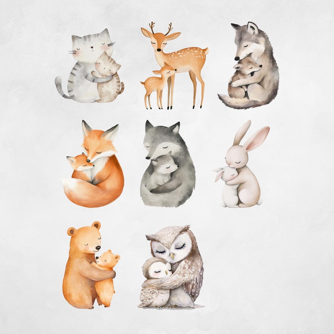 Mom and Baby Animal Clipart, Cute Mothers Day Clip Art, Watercolor ...