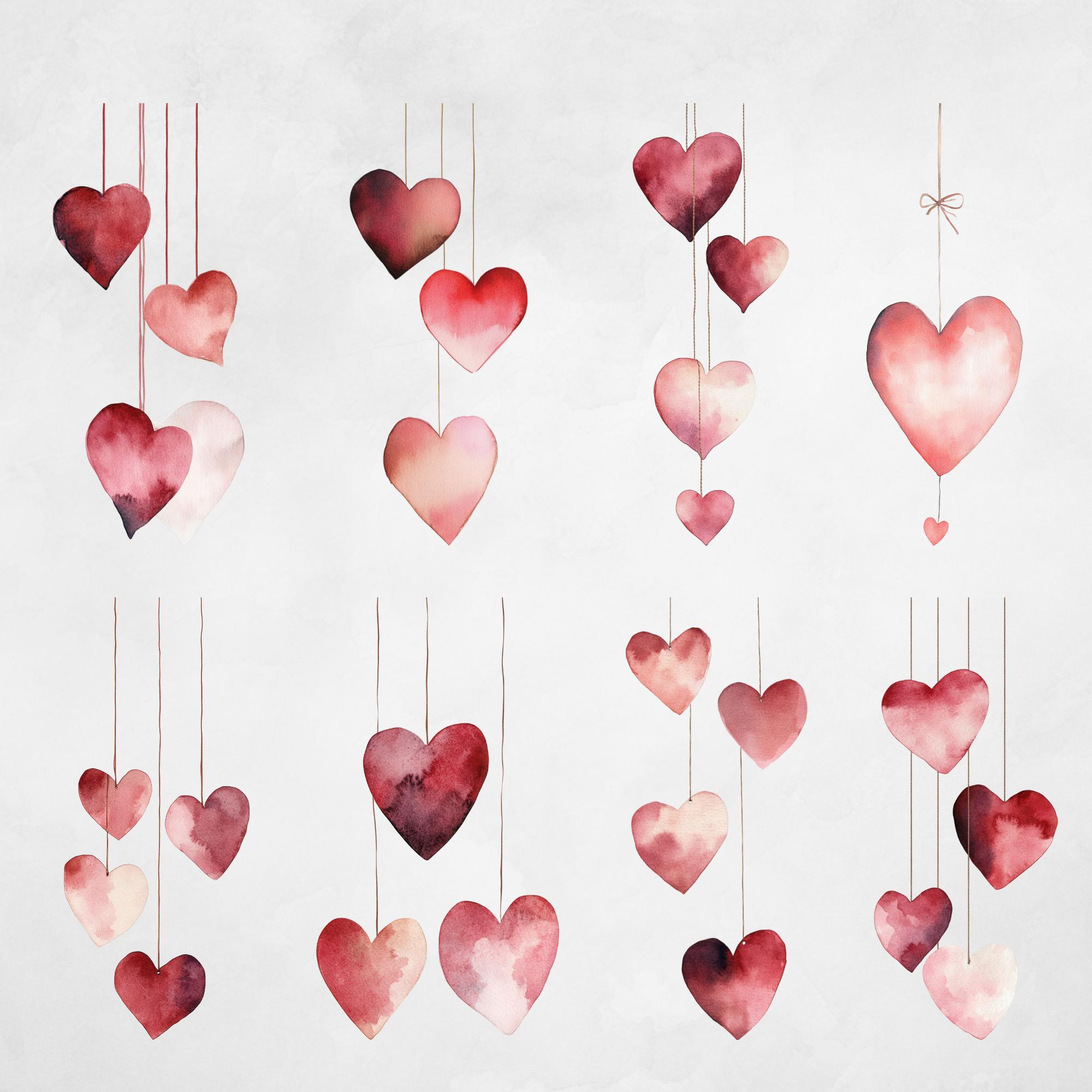 Hanging Hearts Clipart, Watercolor Red Hearts Ornaments Clip Art ...
