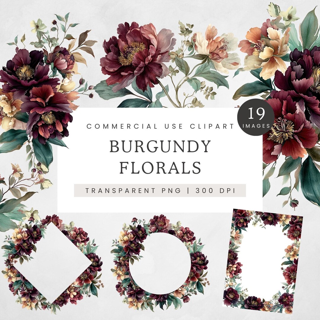 Burgundy & Rust Floral Clipart, Watercolor Maroon Wedding Flower ...