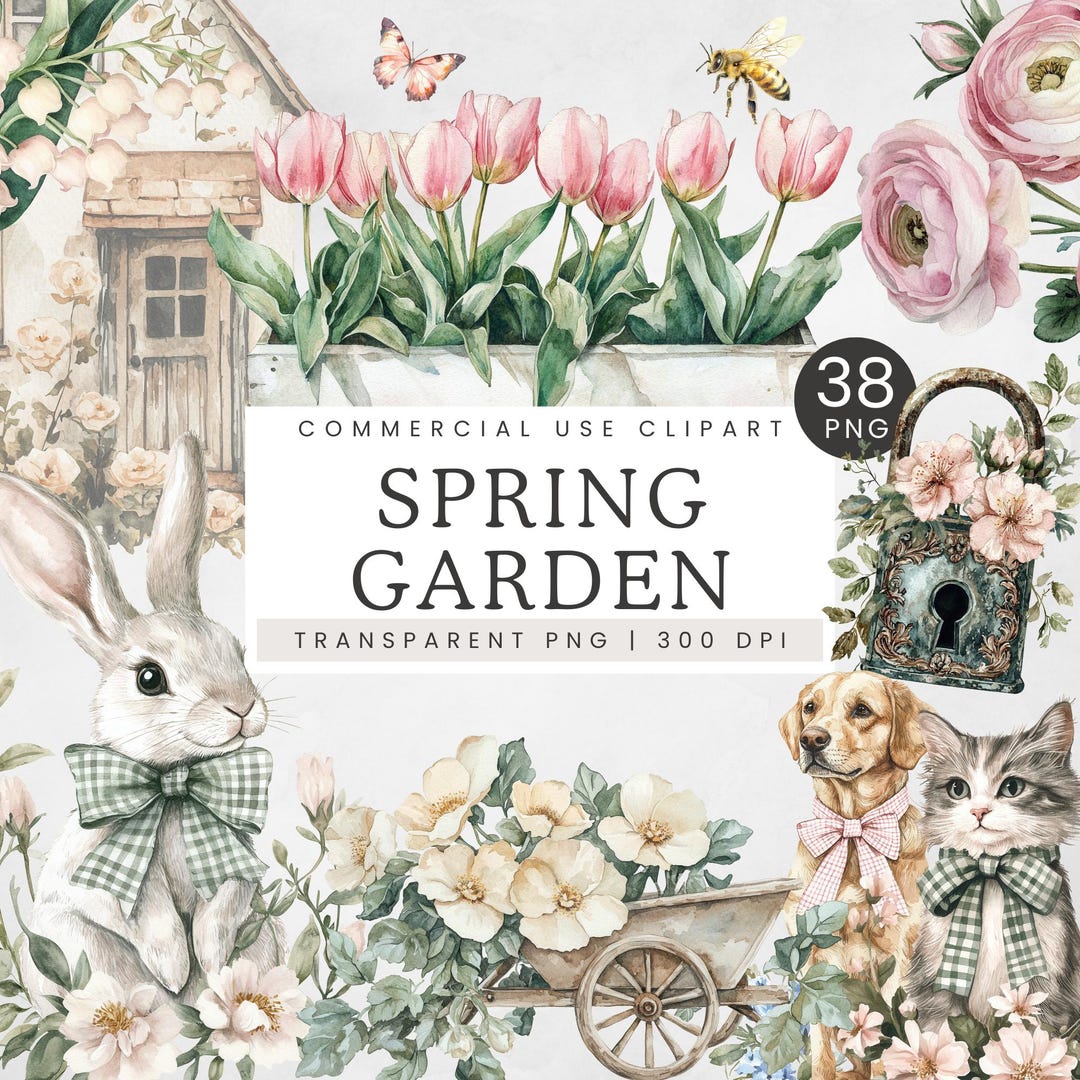 English Garden Clipart, Spring Gardening Clip Art, Cottagecore Floral ...