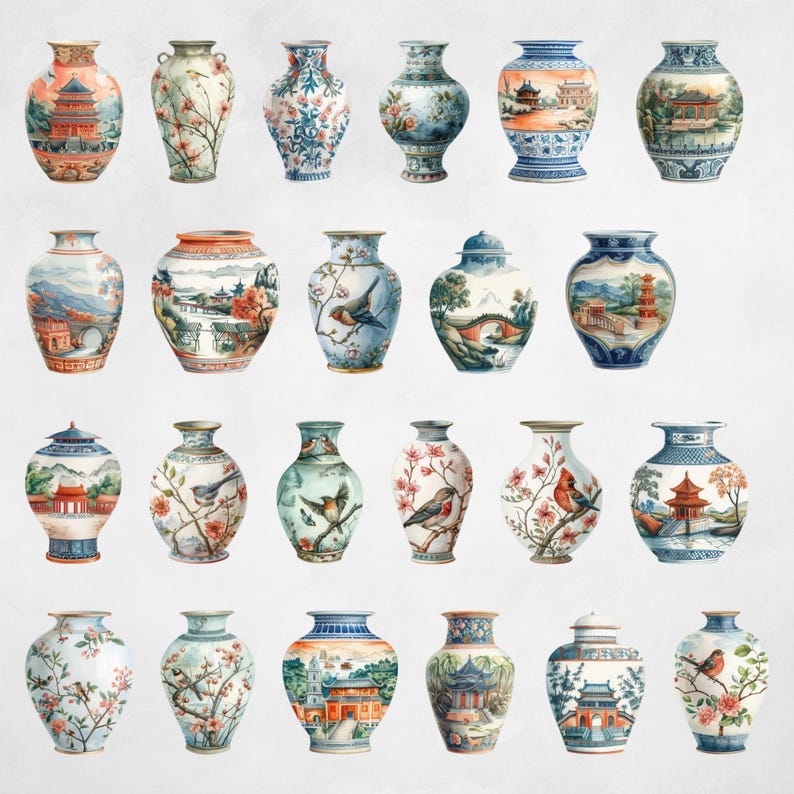 Chinoiserie Vase Clipart Bundle, Watercolor Chinoiserie Ginger Jar Clip ...