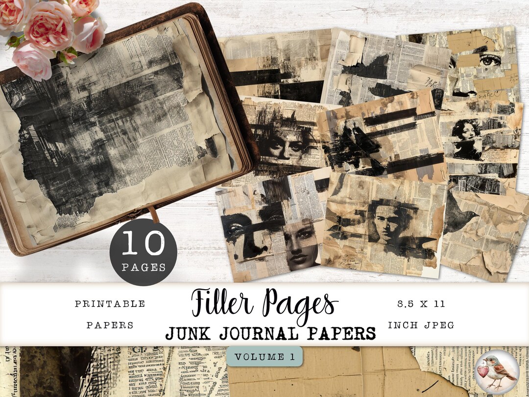 Filler Pages for Junk Journal, Black & White Collage Papers, 10 Digital ...