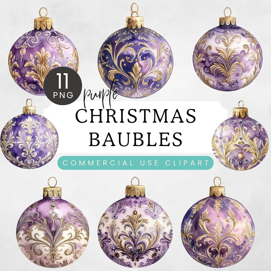Christmas Bauble Clipart, Watercolor Ornaments PNG, Purple Cream Gold ...