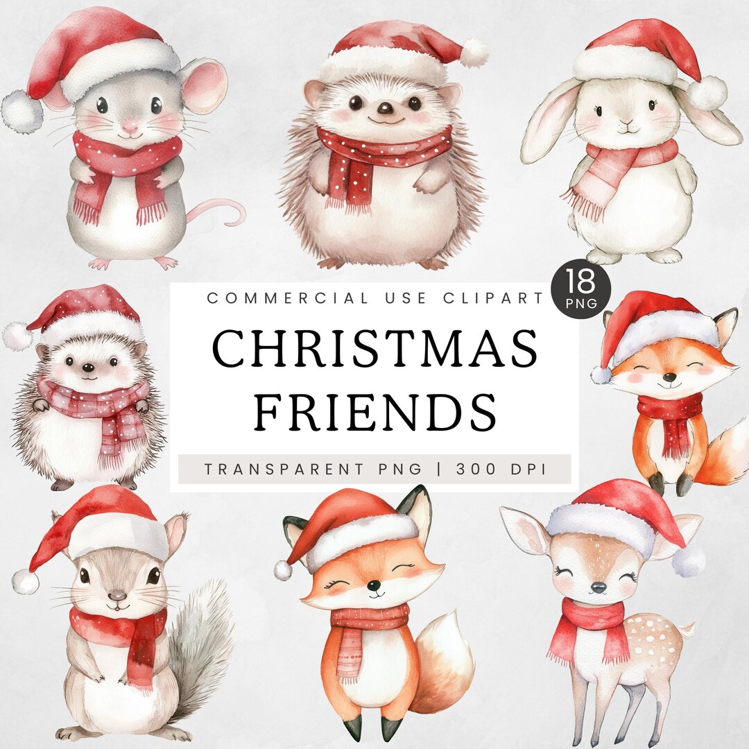 Watercolor Cute Christmas Woodland Animals Clipart Download, Holiday ...