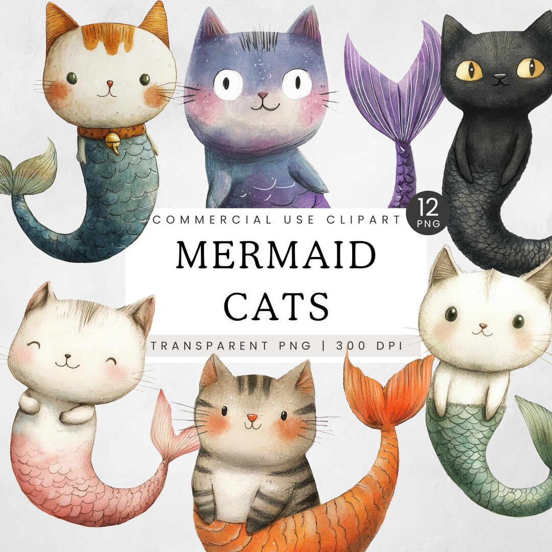 Mermaid Cat Clipart, Watercolor Purrmaid PNG, Kawaii Meowmaid Party ...