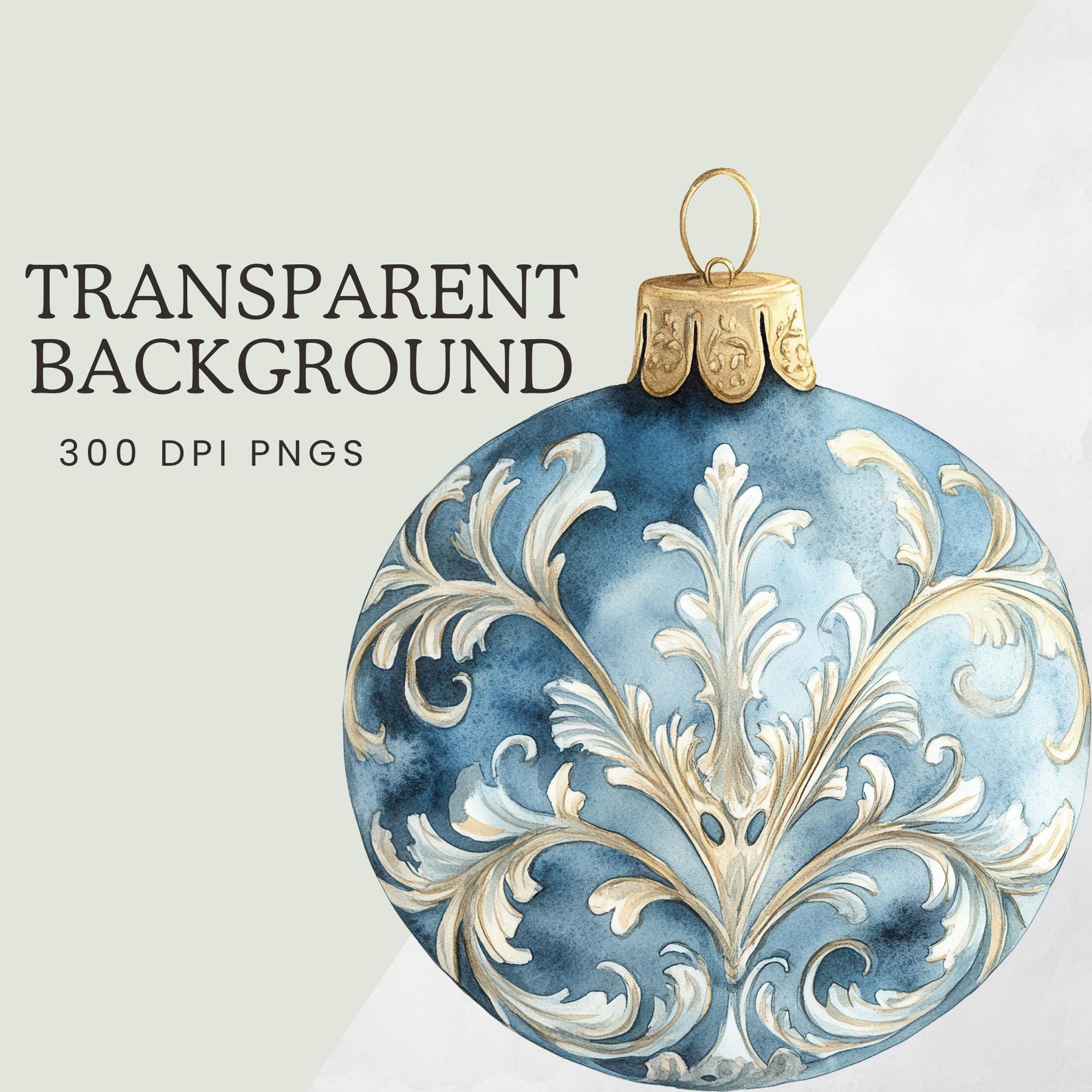 Christmas Bauble Clipart, Watercolor Ornaments PNG, Blue Cream Gold ...