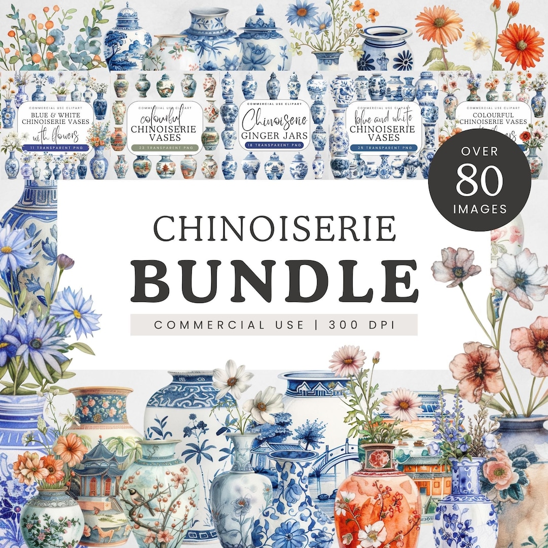 Chinoiserie Vase Clipart Bundle, Watercolor Chinoiserie Ginger Jar Clip ...