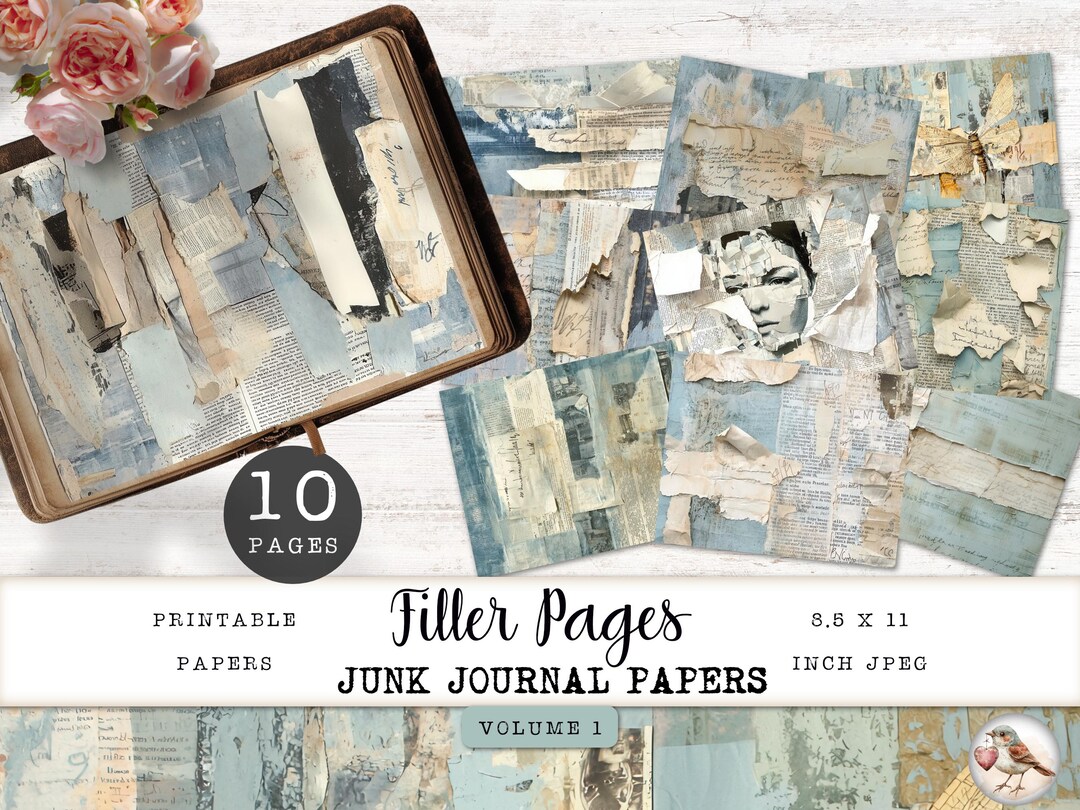 Filler Pages for Junk Journal, Dusty Blue Collage Papers, 10 Digital ...