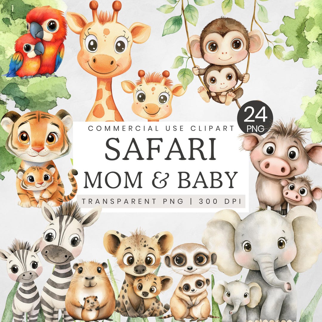 Mom and Baby Safari Animal PNG, Mama and Baby Animal Clipart, Safari ...