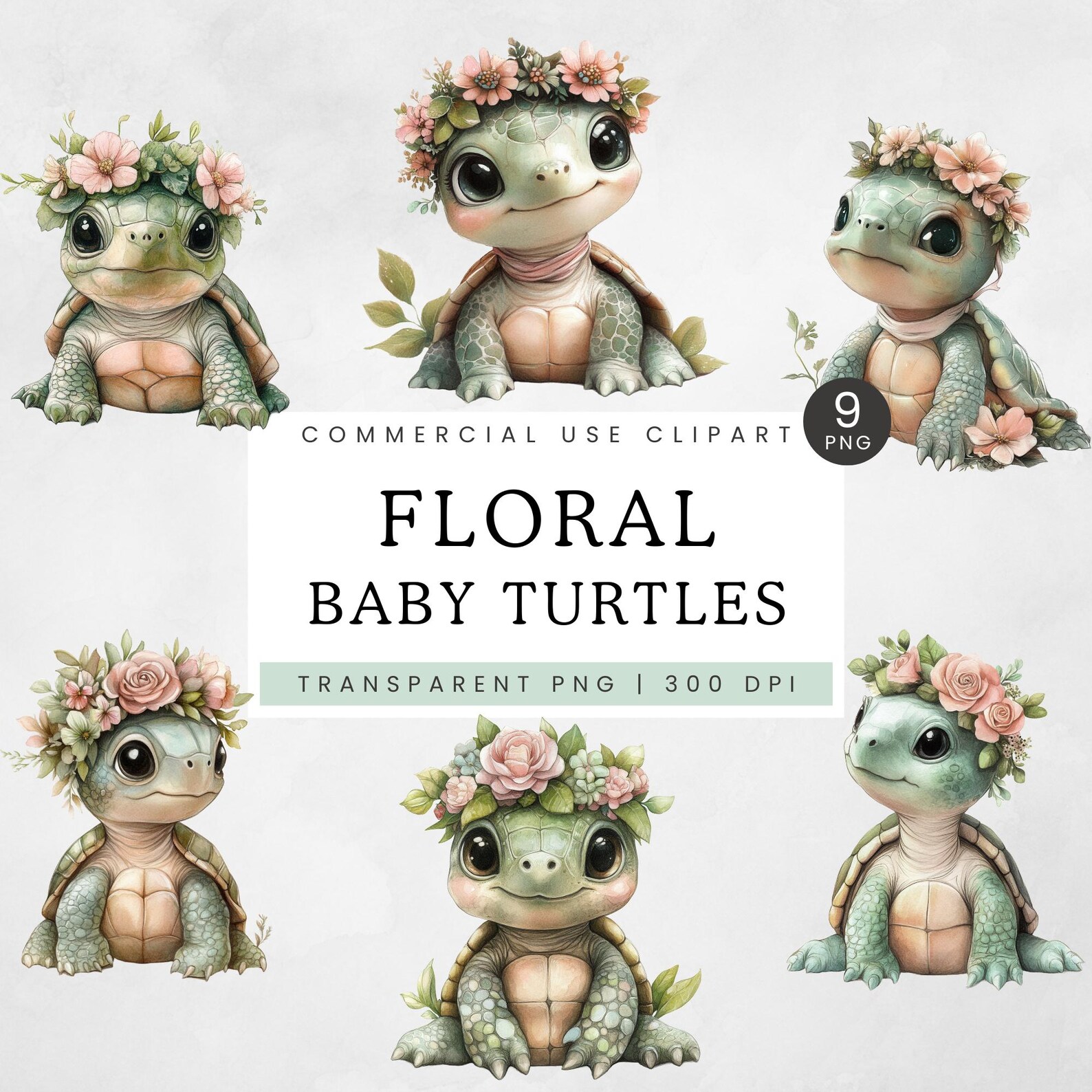 Baby Turtle With Flowers Clipart, Watercolor Sea Turtles Nursery Art ...