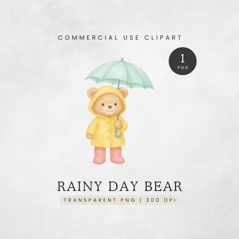 Bear With Umbrella Clipart, Cute Watercolor Teddy With Raincoat PNG ...