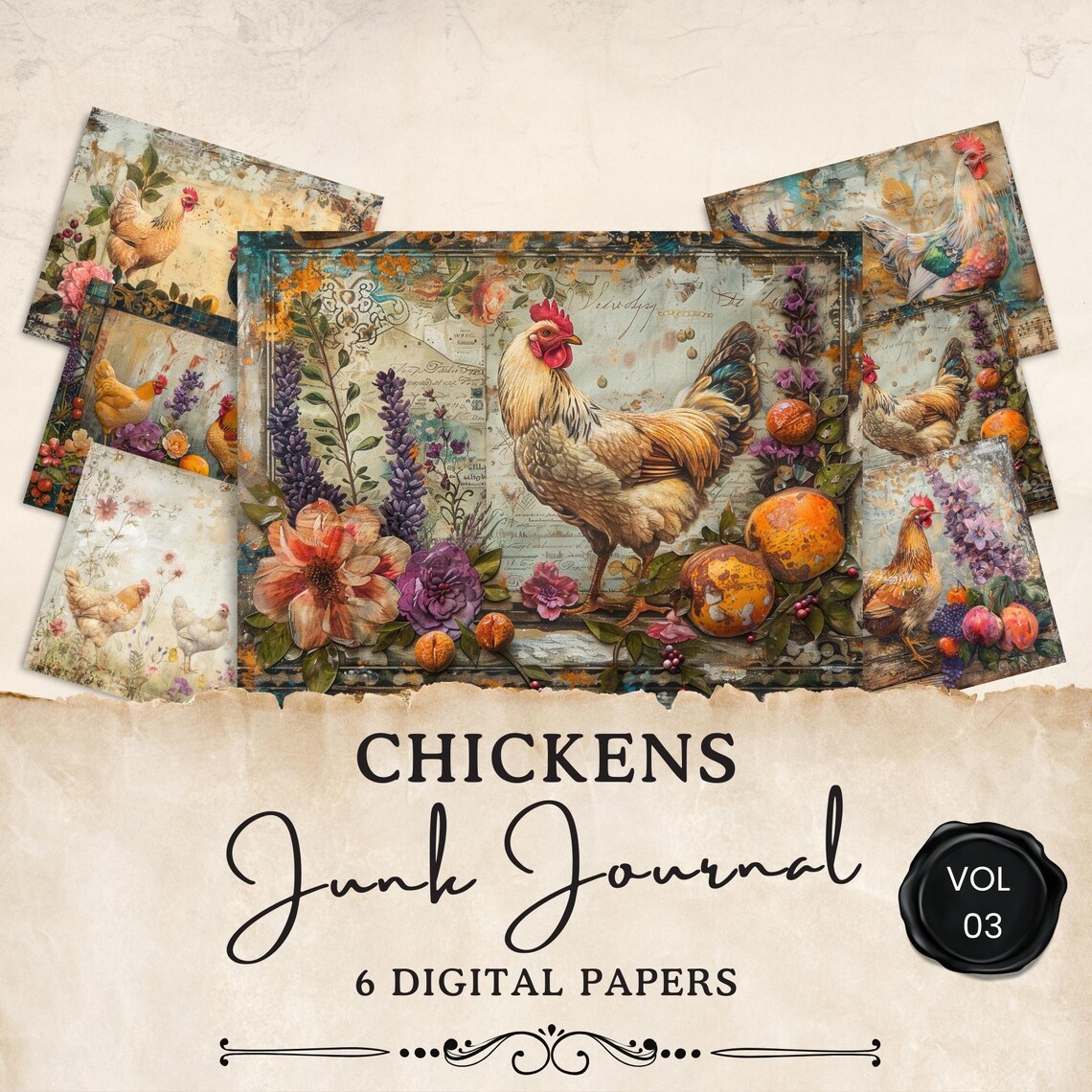 Chicken Junk Journal Printable Papers | 6 Digital Pages | Floral ...