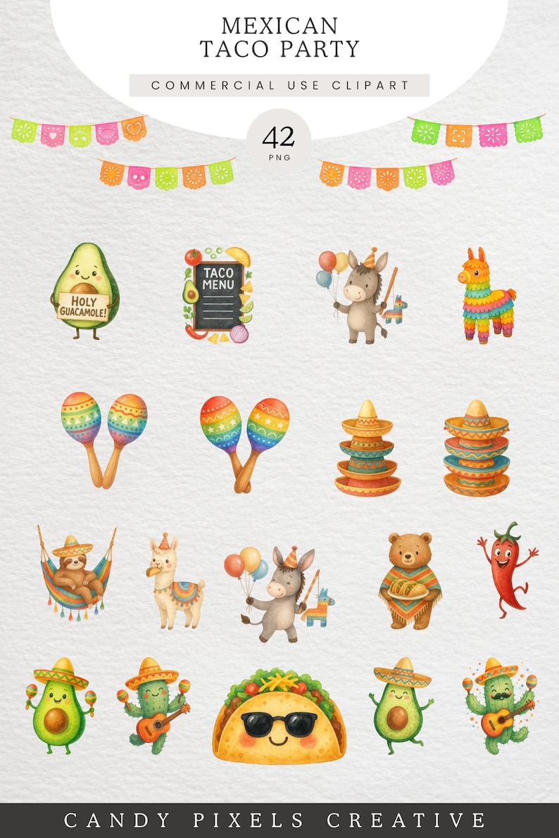 Taco Party Clipart, Cute Mexican Clip Art, Watercolor Mexican Fiesta ...