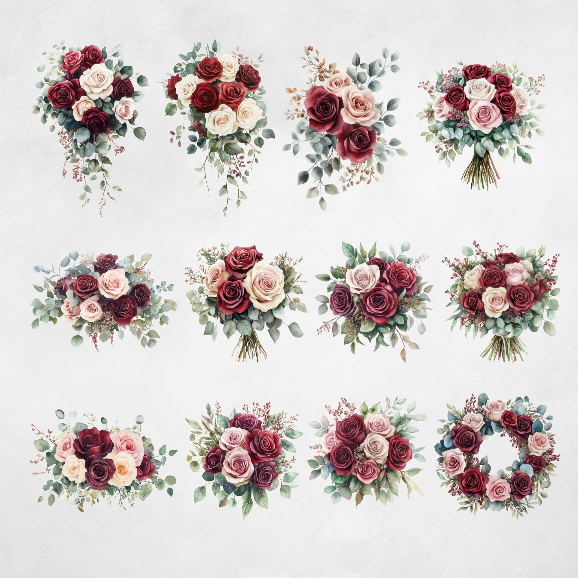 Burgundy and Blush Floral Clipart, Watercolor Flowers Collection Clip ...