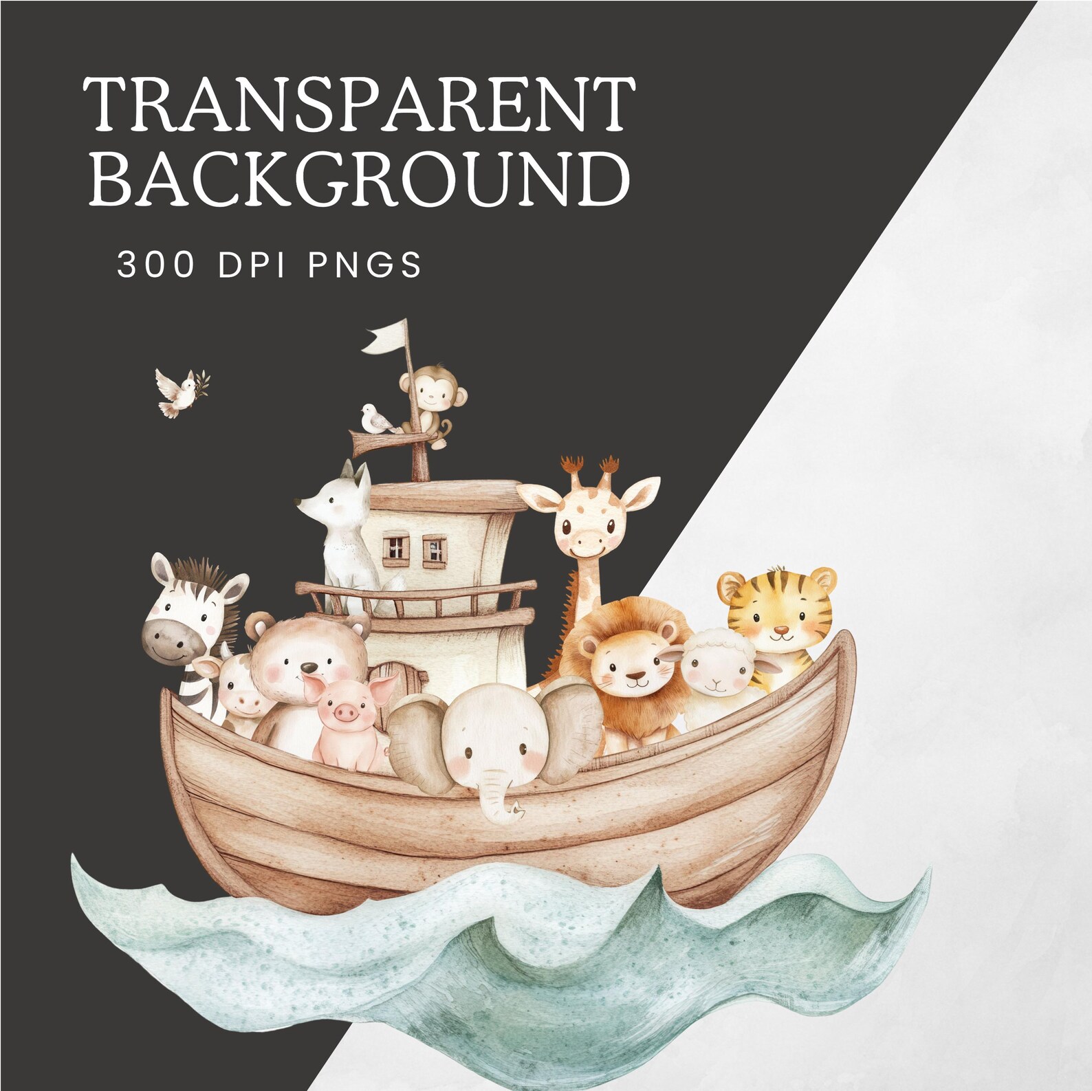 Noah's Ark Clip Art Bundle, Watercolor Biblical Animal Nursery Art ...