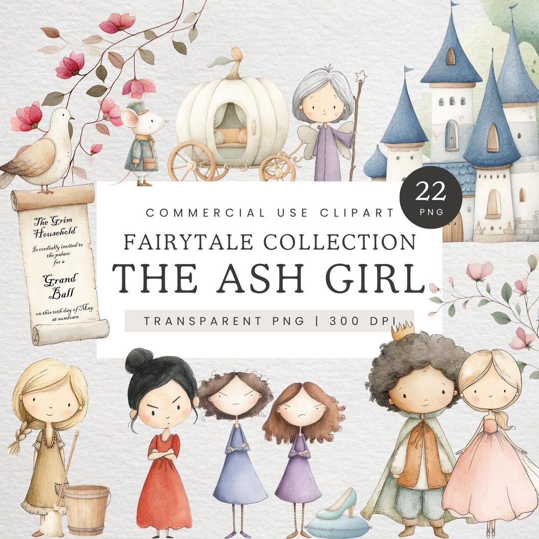 The Little Ash Girl Clip Art, Cute Fairytale Clipart, Watercolor ...