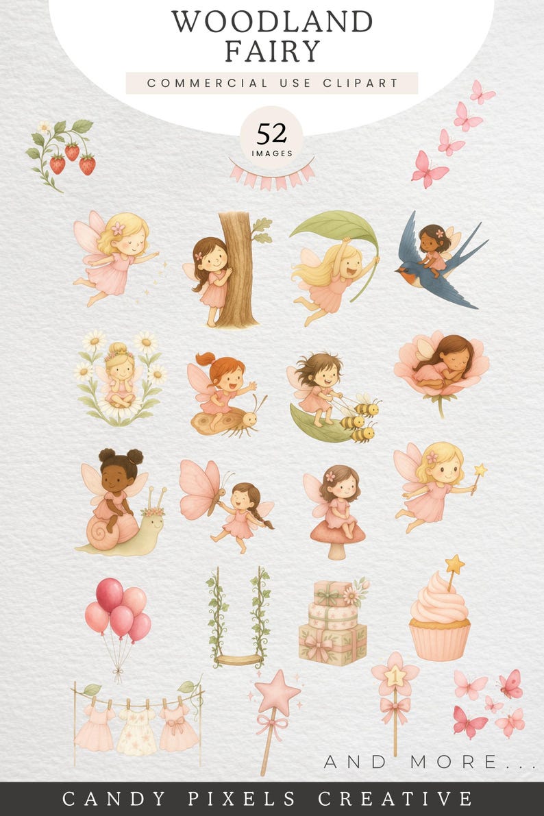 Pink Woodland Fairy Clipart, First Birthday Girl Clip Art, Pastel Fairy ...