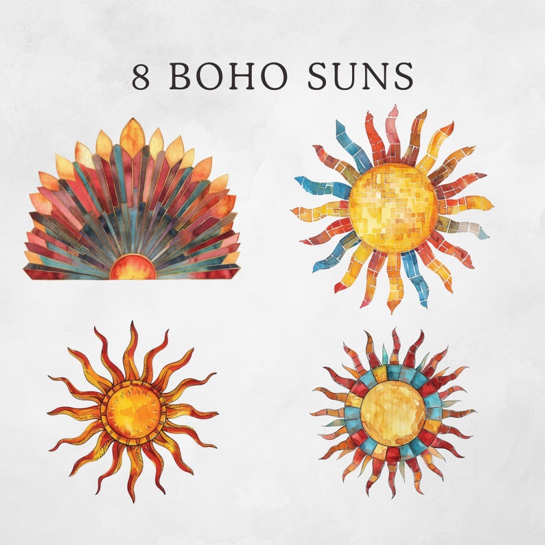 Boho Sun Clipart | Summer Celestial | Watercolor Sunshine PNG | Digital ...