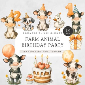 Farm Animal Birthday Clipart, Cute Cow Clip Art, Puppy, Duck, Balloons ...