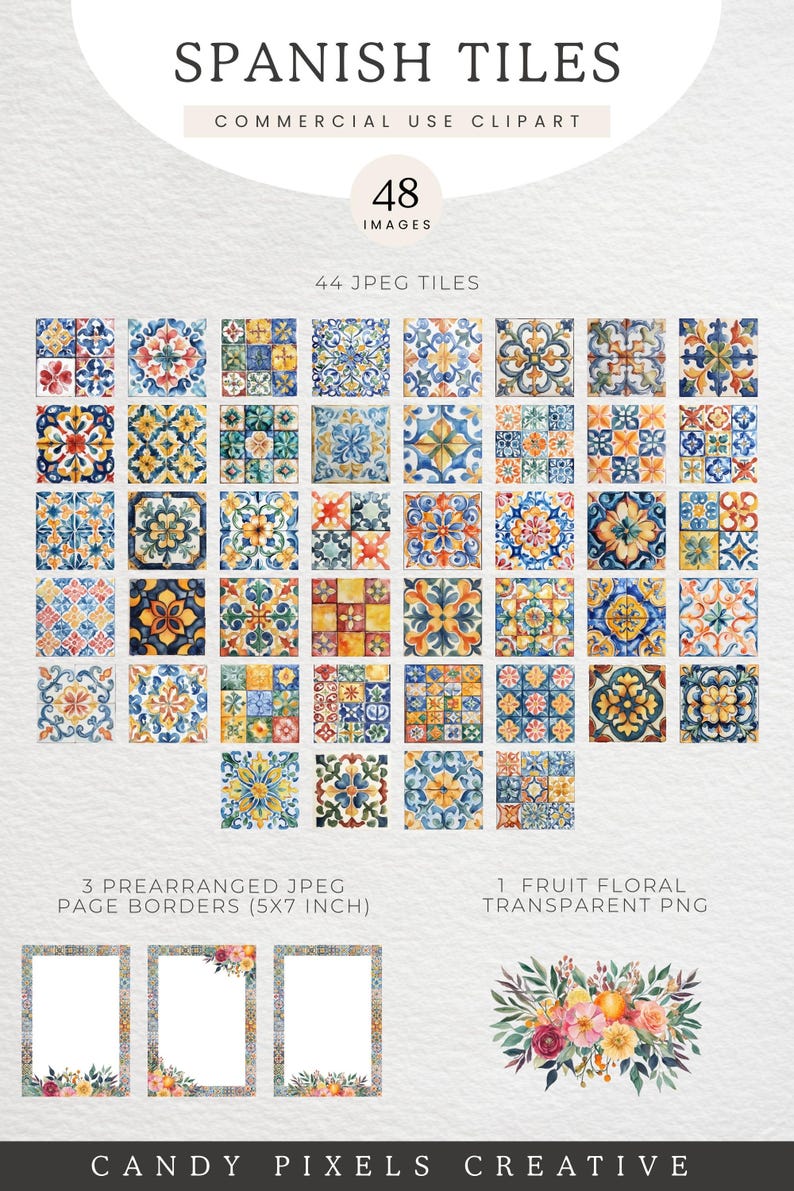 Spanish Tile Clipart, Watercolor Mediterranean Tiles & Borders Clip Art ...