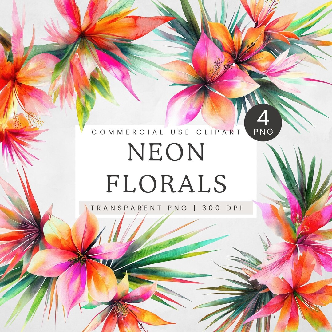 Bright Floral Clipart, Neon Tropical Flower Clip Art, Floral Watercolor ...