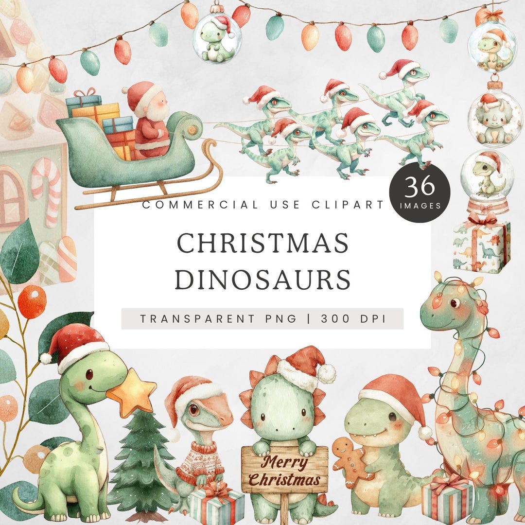 Christmas Dinosaur Clipart Set, Cute Xmas T-rex Pngs With Santa Hats ...