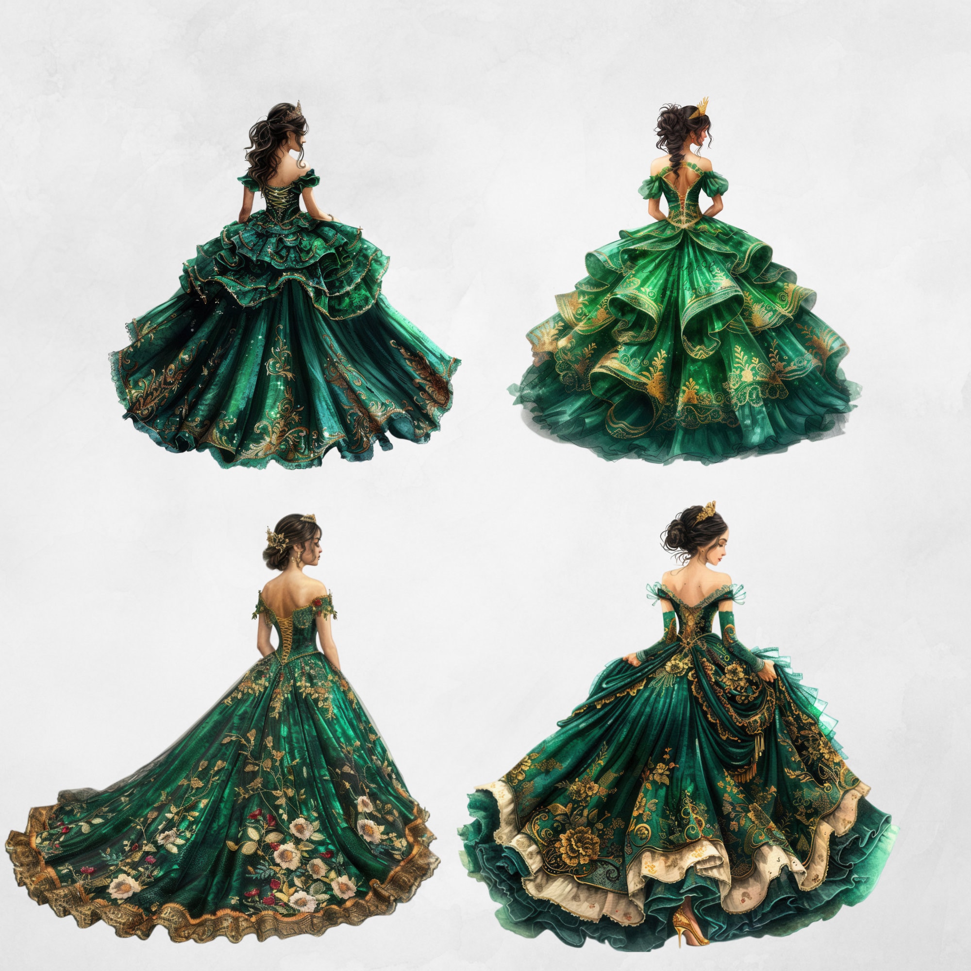 Emerald Green Quinceañera Dress Clipart | Hunter Green Princess Gown ...