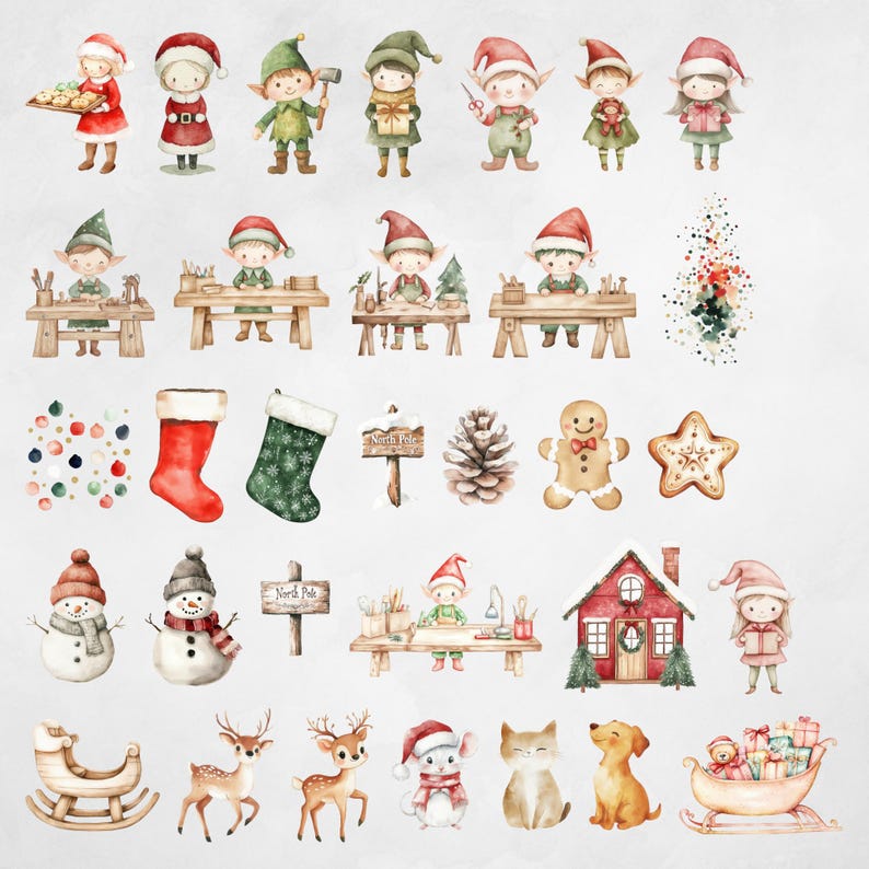 Santa Workshop Clipart, Christmas Watercolor PNG, Xmas Santa Claus ...