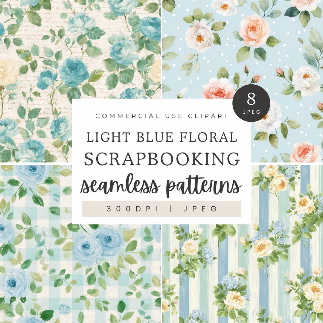 Light Blue Floral Digital Paper, Cottagecore Rose Scrapbook Patterns ...