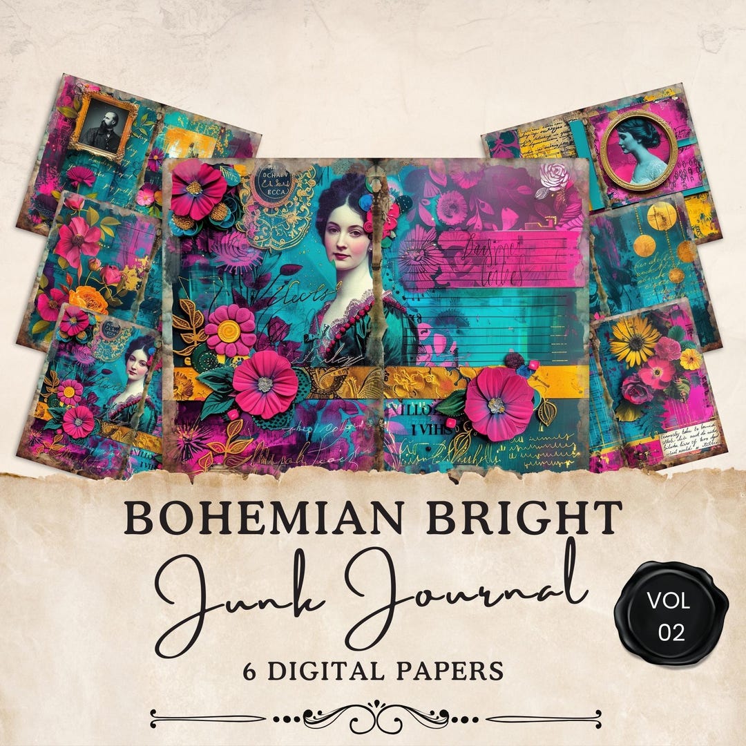 Bright Junk Journal Pages | 6 Colorful Digital Pages | Boho Teal Pink ...