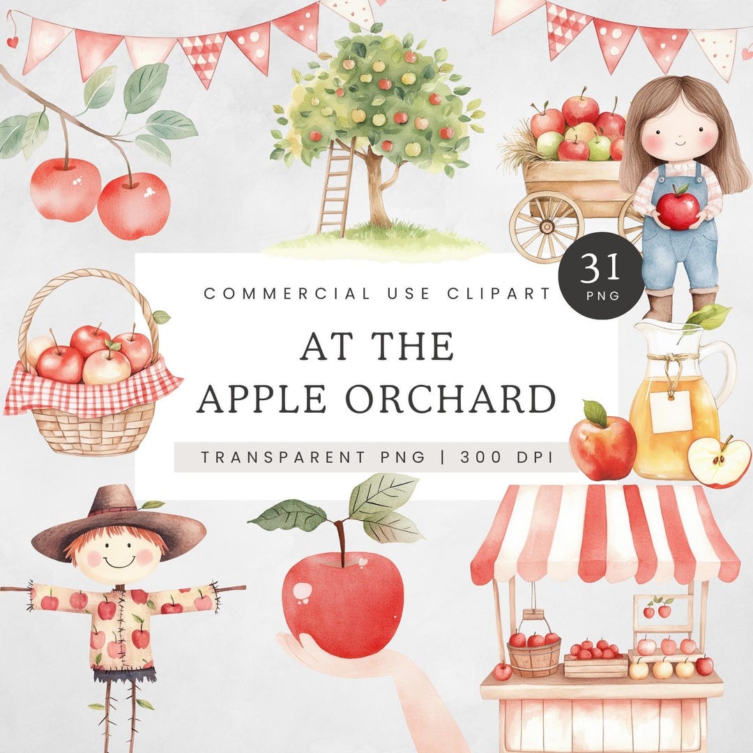 Apple Orchard Clip Art, Rustic Fall Apple Tree Clipart, Watercolor ...