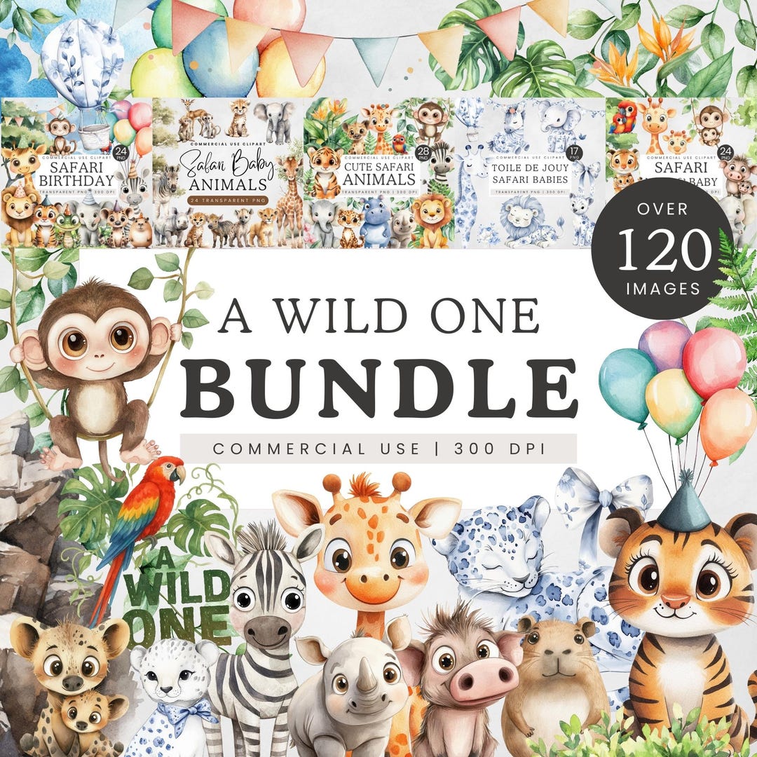 Wild One Birthday Safari Clipart Bundle, Cute Watercolor African Safari ...