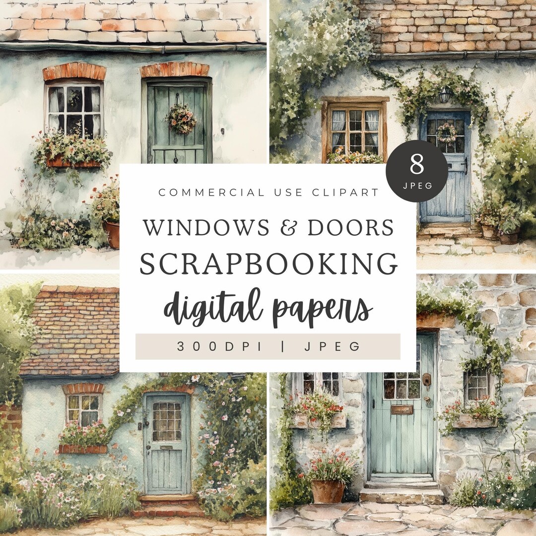 Cottage Windows and Doors Digital Paper Pack, Watercolor Scrapbook ...