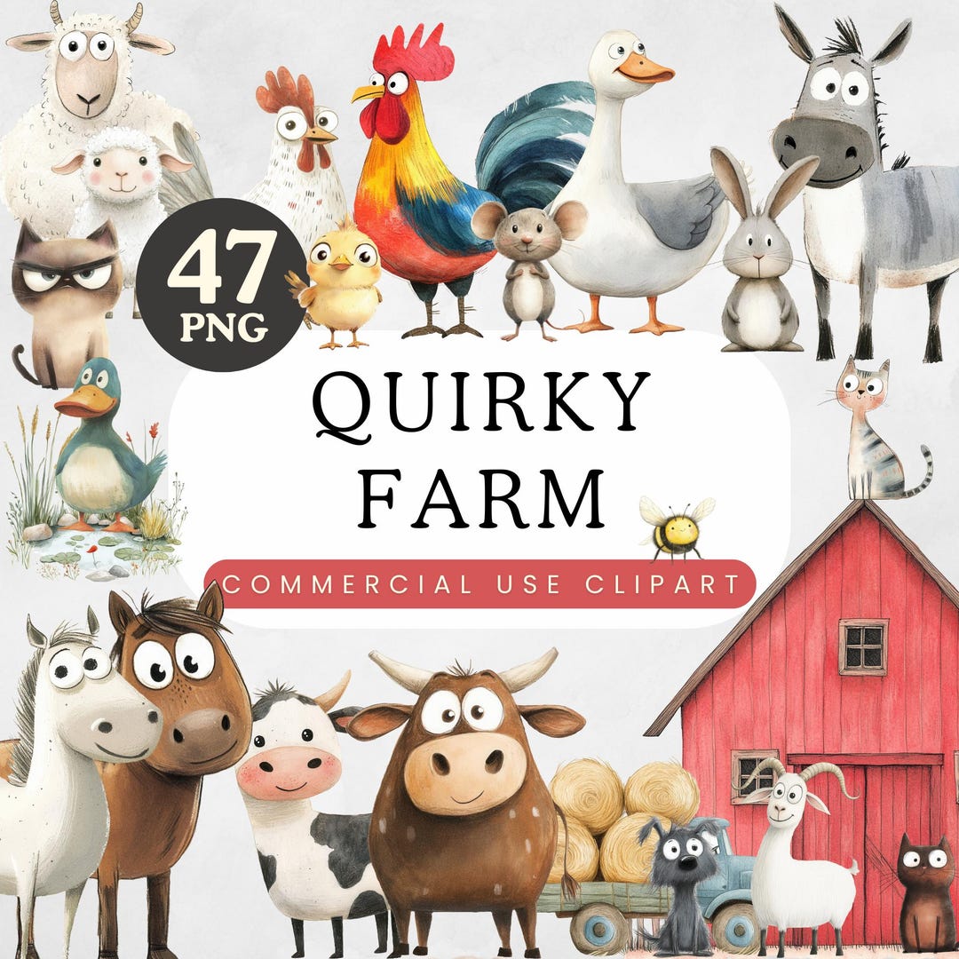 Quirky Farm Animals Clipart | Silly Barnyard PNG | Whimsical Cow Sheep ...