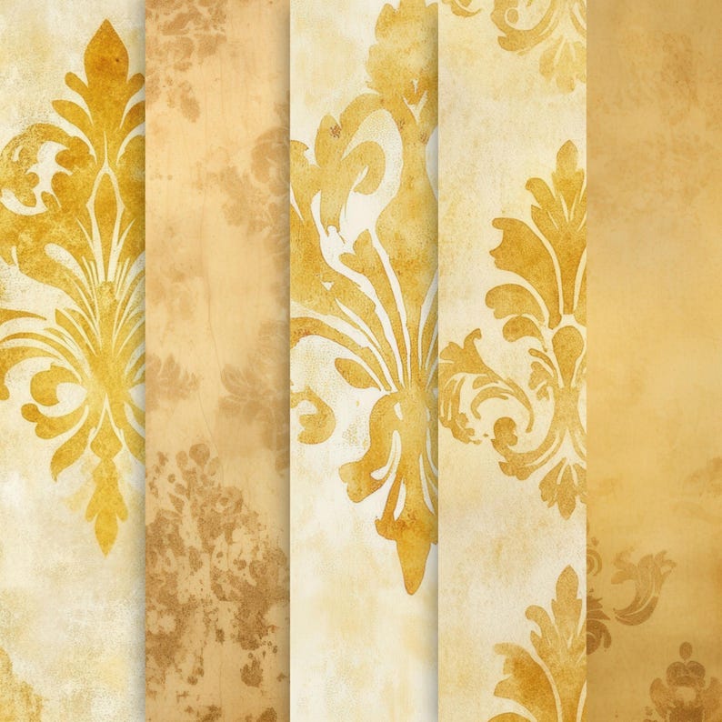 Damask Pattern Digital Paper, Gold Shabby Chic Distressed Texture ...