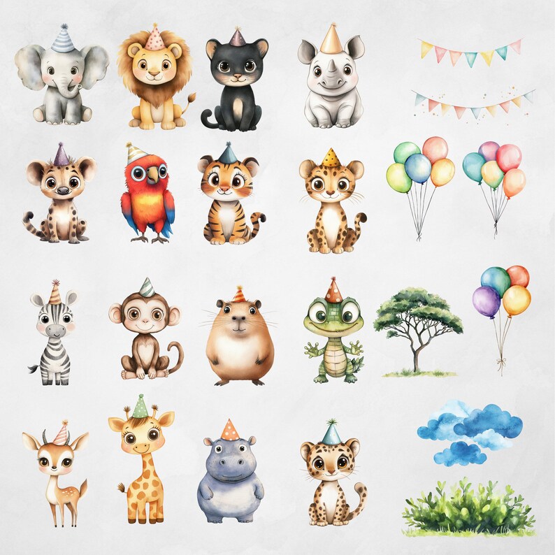 Safari Animals With Party Hats PNG, Cute Jungle Party Animals Clipart ...