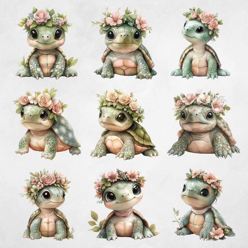 Baby Turtle With Flowers Clipart, Watercolor Sea Turtles Nursery Art ...