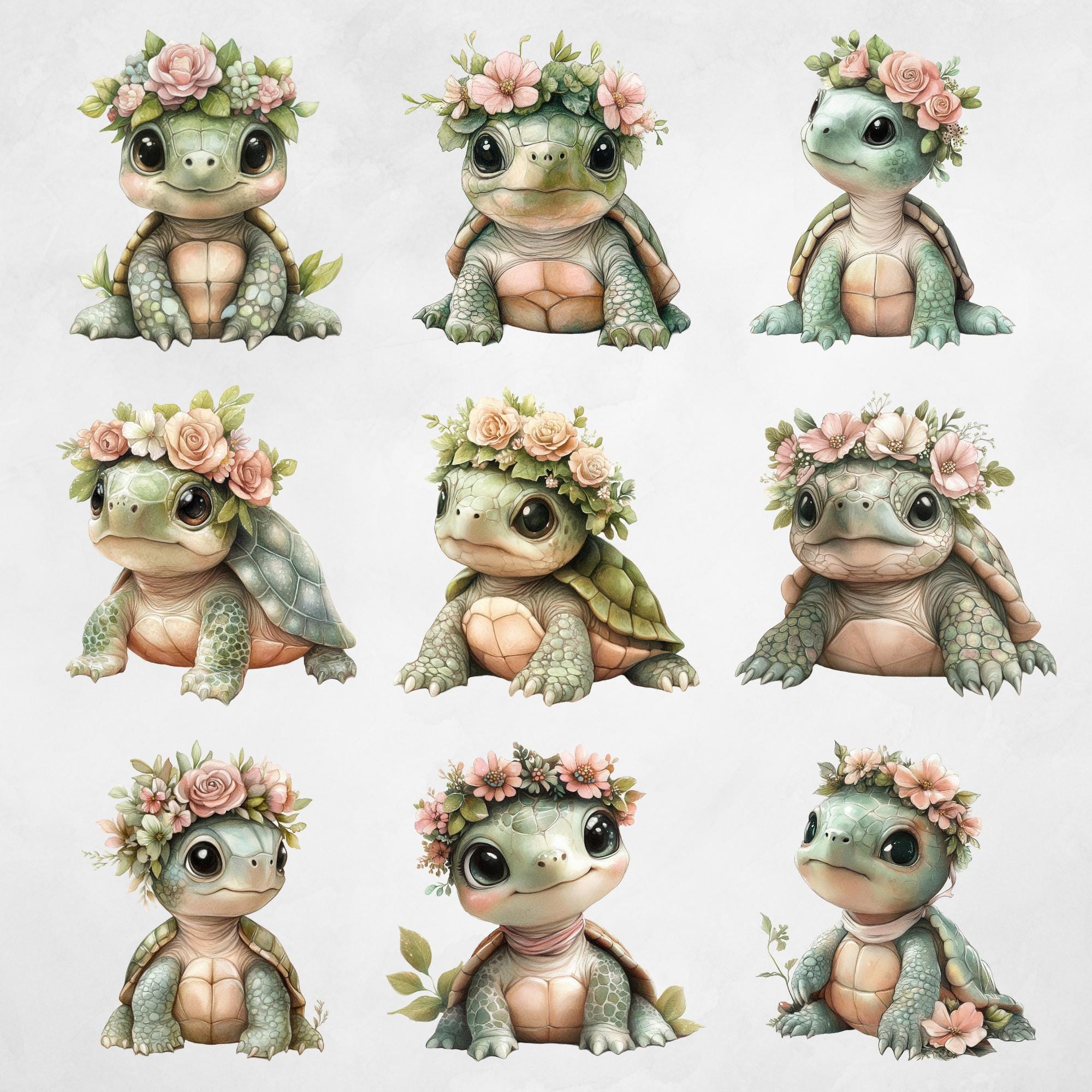 Baby Turtle With Flowers Clipart, Watercolor Sea Turtles Nursery Art ...