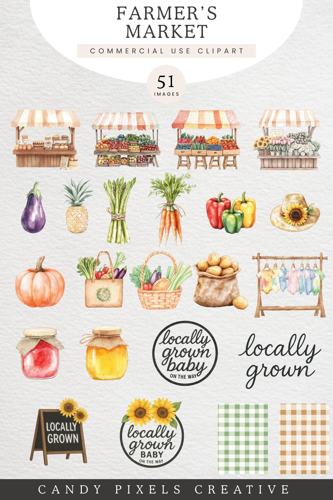 Watercolor Farmers Market Clipart, Locally Grown Clip Art, Farmers ...