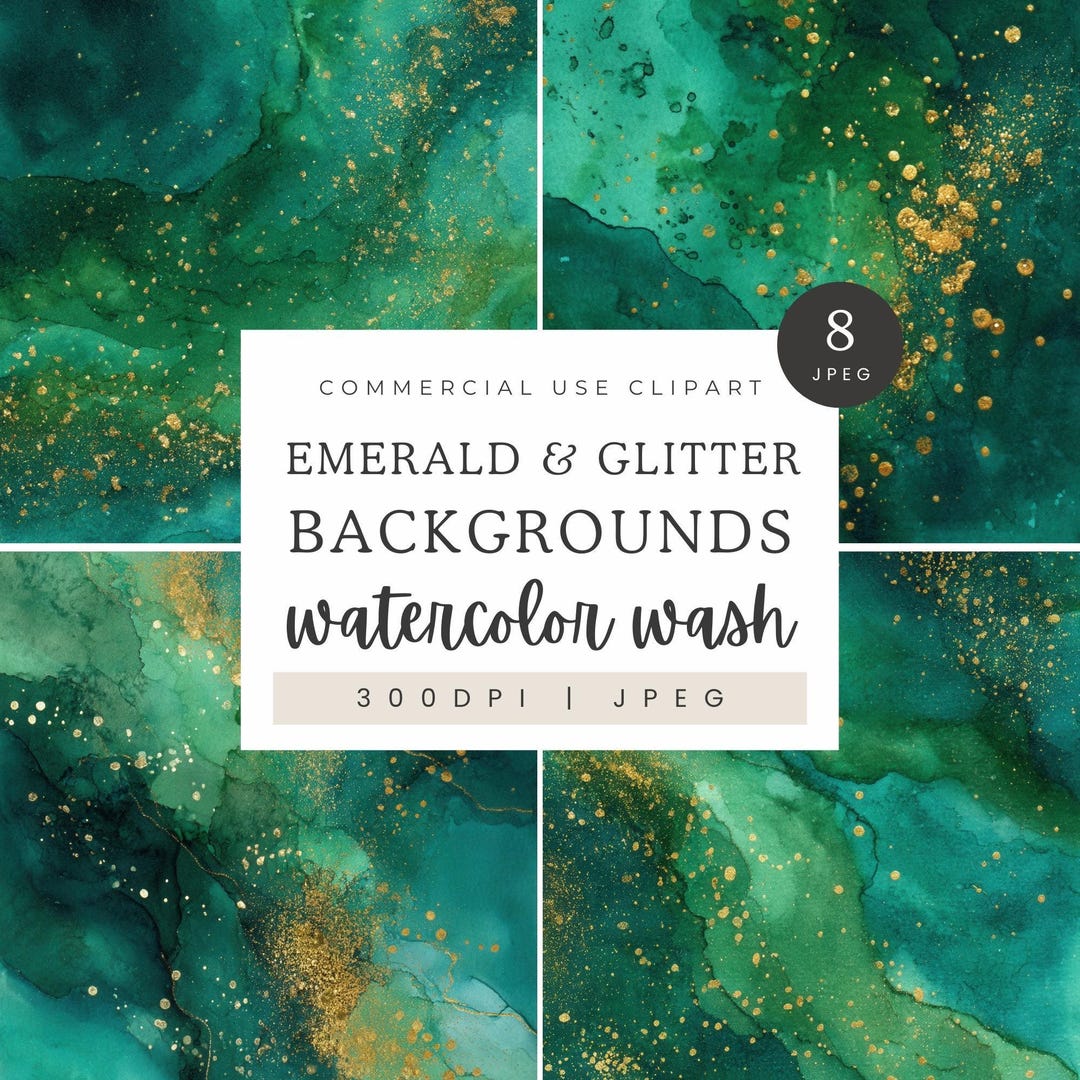 Emerald Green & Gold Glitter Watercolor Texture Backgrounds, Watercolor ...