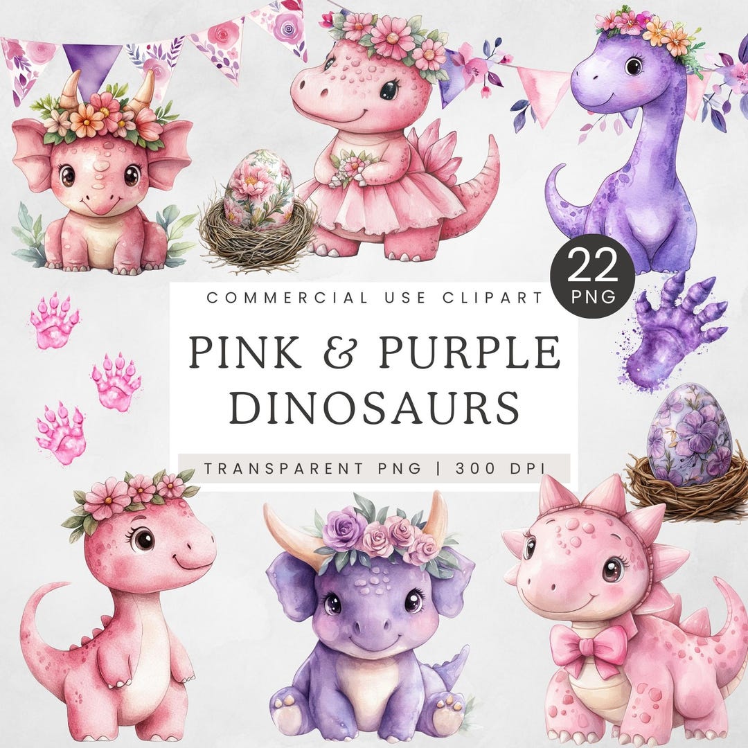 Dino Girl Clipart, Pink & Purple Dinosaur Clip Art, Watercolor Floral ...
