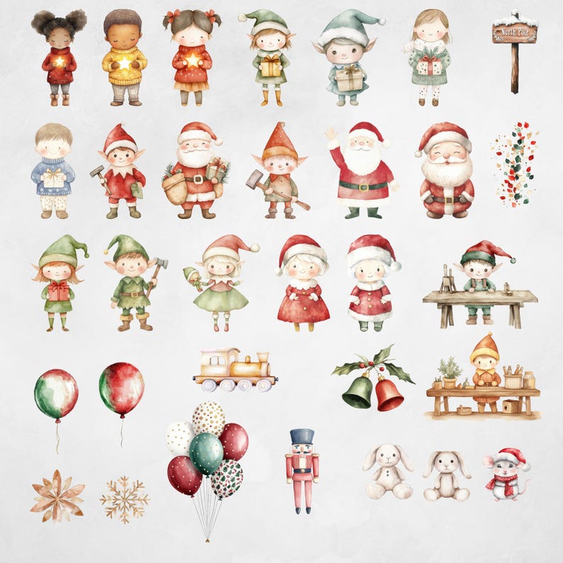 Santa's Village Clipart, Christmas Watercolor PNG, Cute Xmas Santa ...