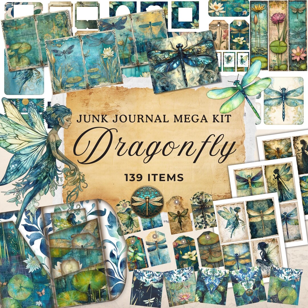 Dragonfly Junk Journal Kit | Art Journal Paper Pages Folio Ephemera ...