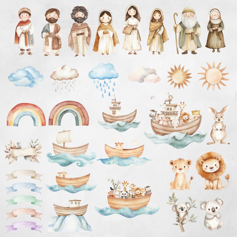 Noah's Ark Clip Art Bundle, Watercolor Biblical Animal Nursery Art ...